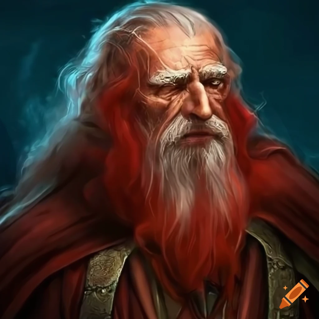 Image of a red-haired old wizard in heroic fantasy style
