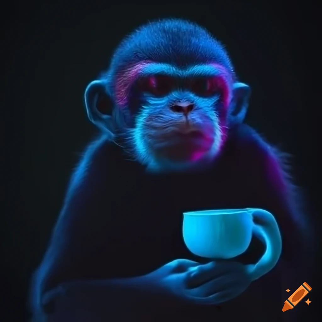 Monkey holding a tea pot in a glowing forest on Craiyon