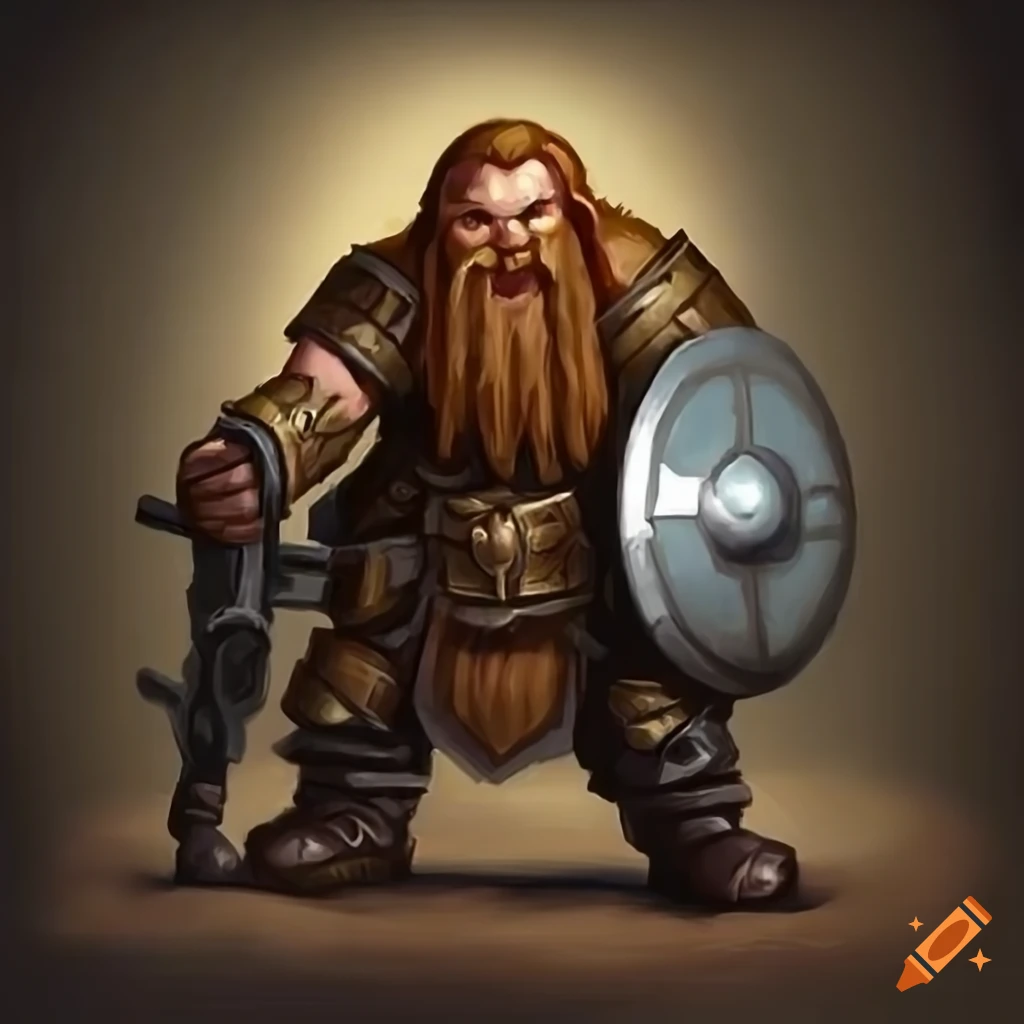 Illustration of a dwarf warrior with shield and gun on Craiyon