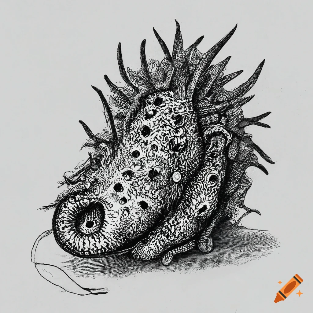 Detailed etching of a sea creature with lamprey mouth on Craiyon