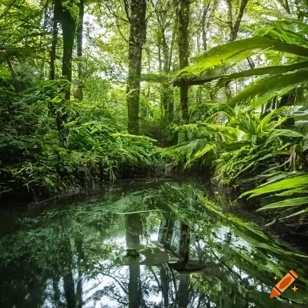 Photograph of a snowy jungle with water reflections