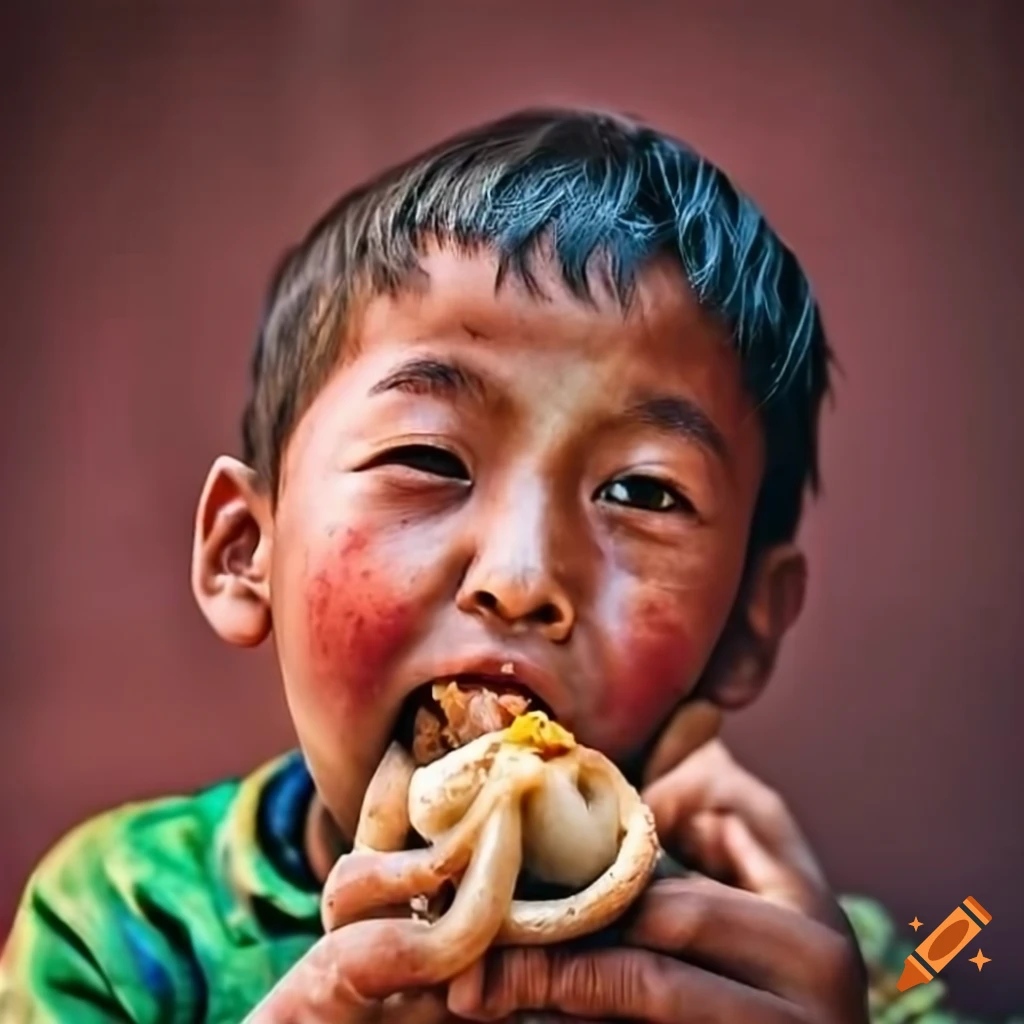 Image of a Nepalese boy enjoying momo on Craiyon