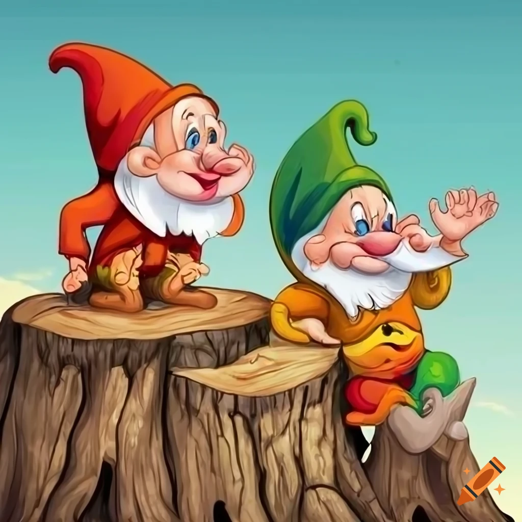 Cartoon image of two dwarfs sitting on a tree stump