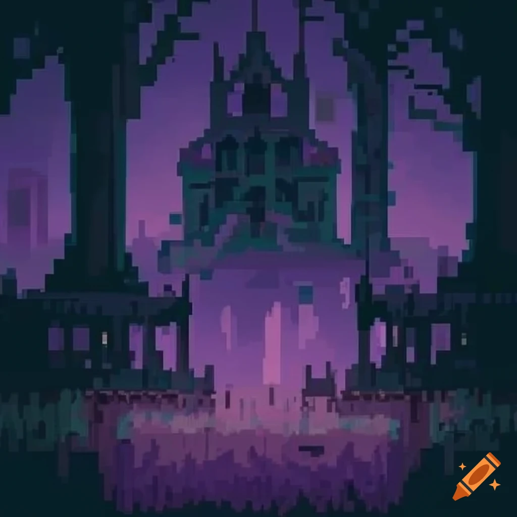 Pixel art of an abandoned castle in a dark forest on Craiyon