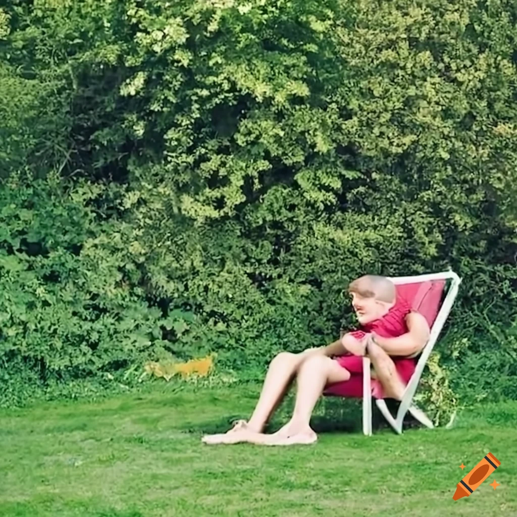 Person sitting in a lawn chair in an overgrown lawn on Craiyon