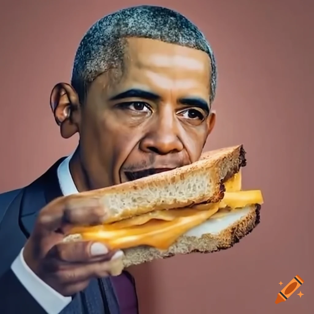 Satirical image of Obama being hit by a grilled cheese sandwich on Craiyon
