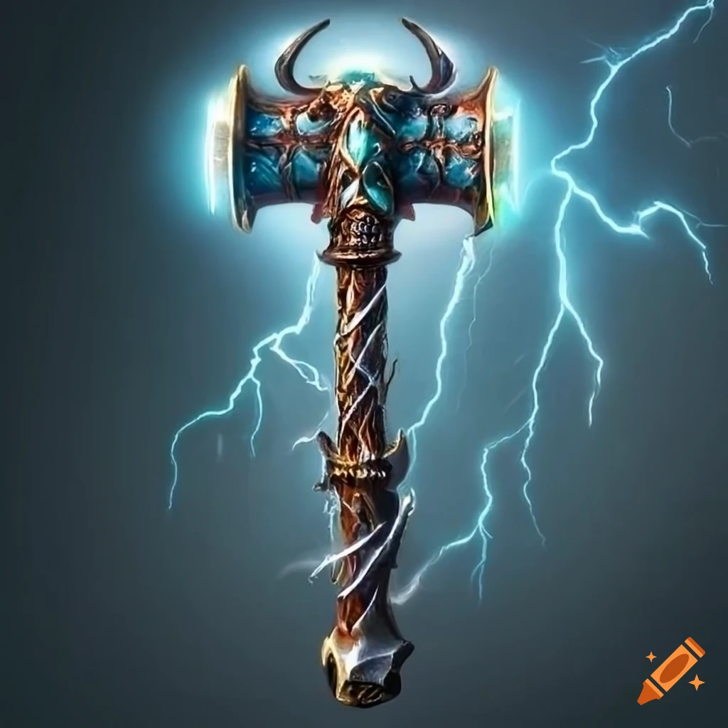 Silver heroic fantasy hammer with lightning strike