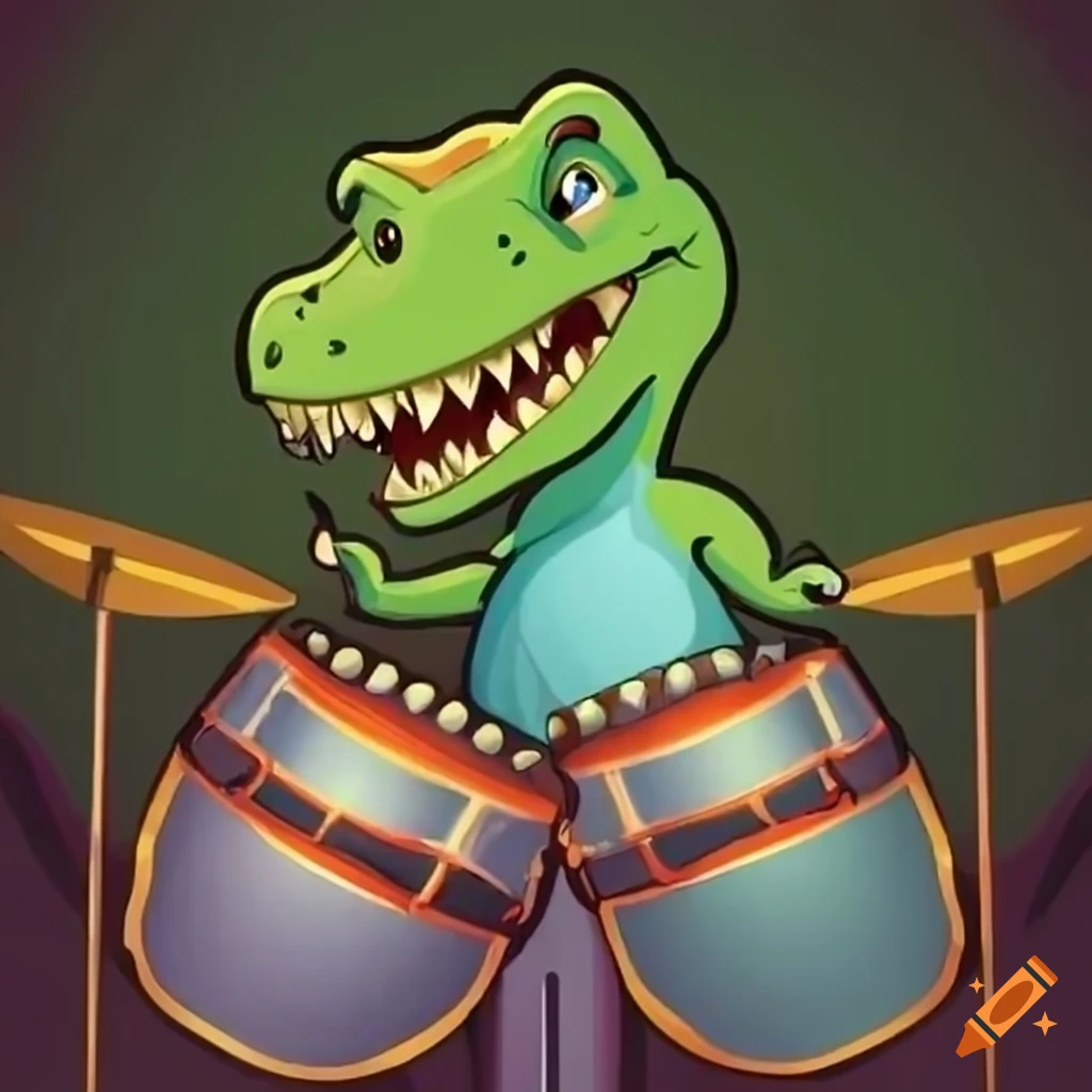Cartoon t-rex playing drums