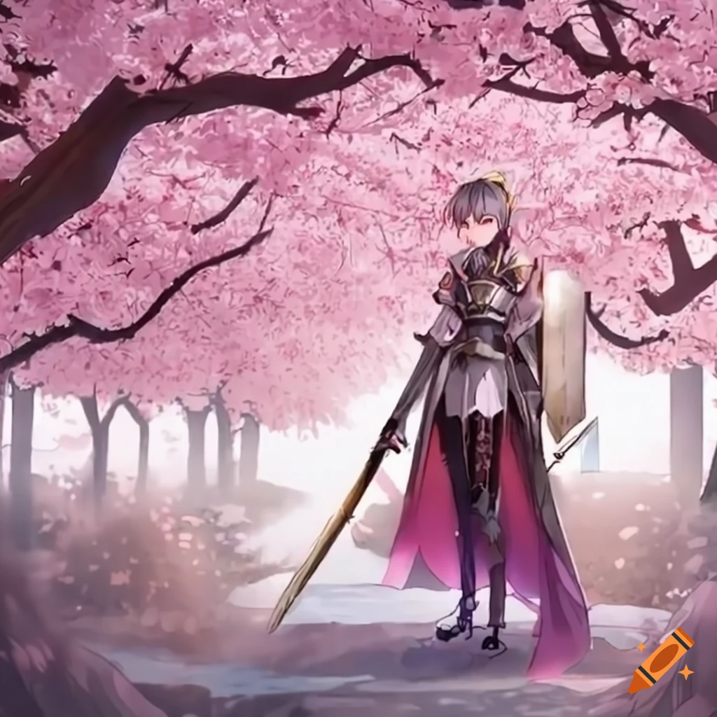 Artistic illustration of a girl in armor under sakura trees on Craiyon