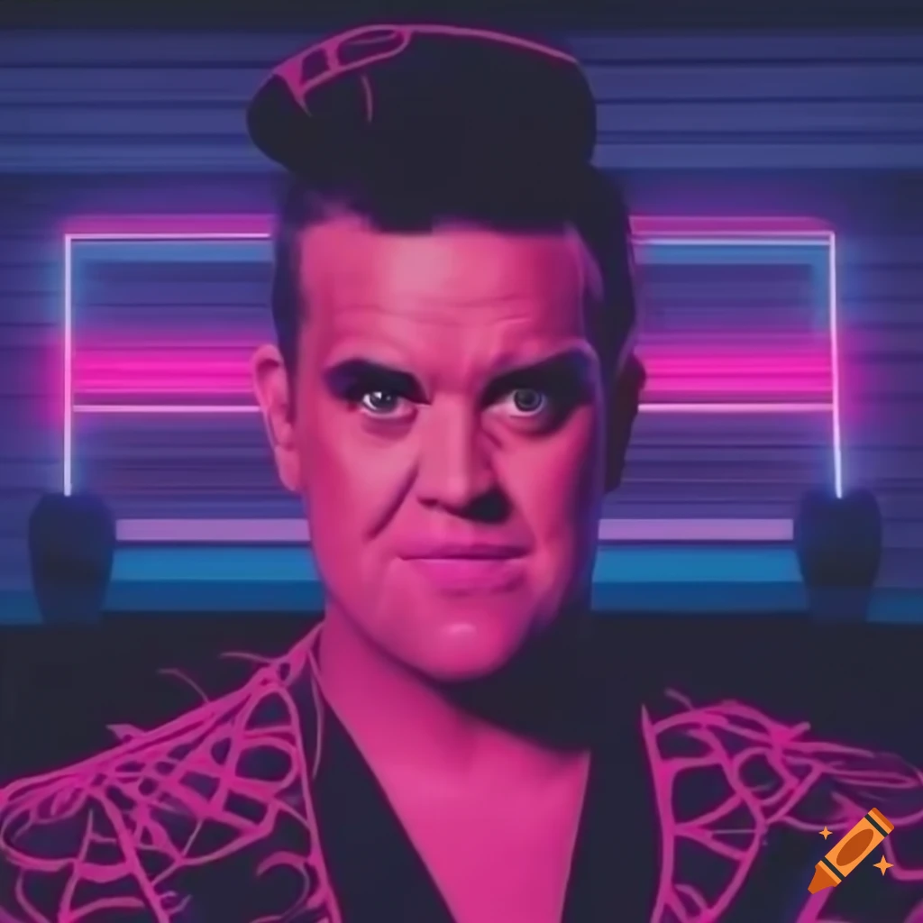 Robbie rotten in a synthwave aesthetic