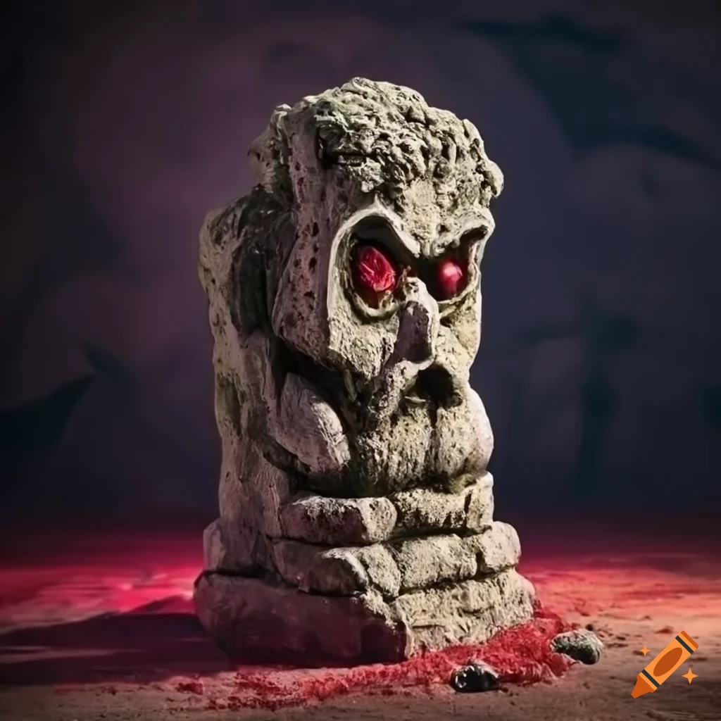 Ancient stone statue with red moss and magic crystal on Craiyon