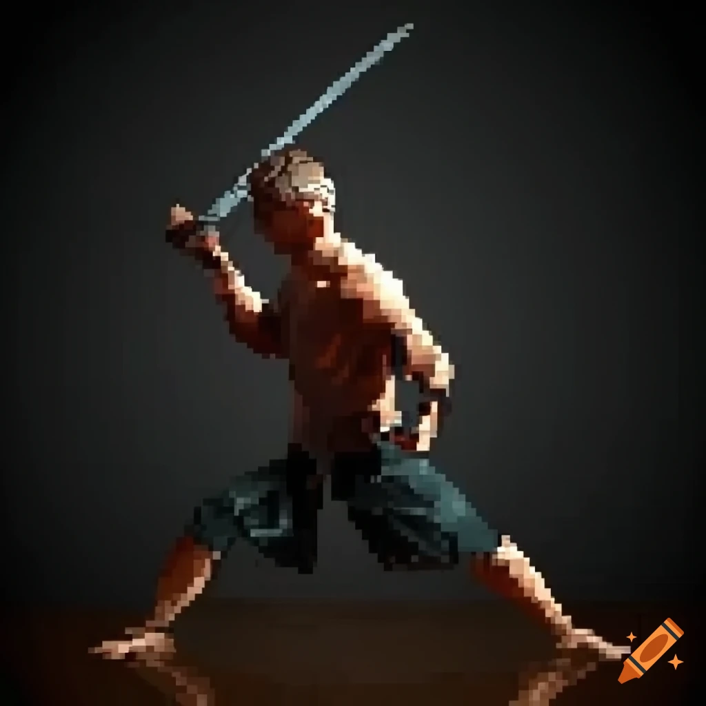 Pixel art of a man attacking with a sword
