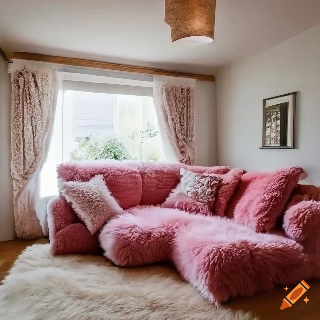 Cozy attic room with fluffy pink teddy blankets on a corner couch on ...