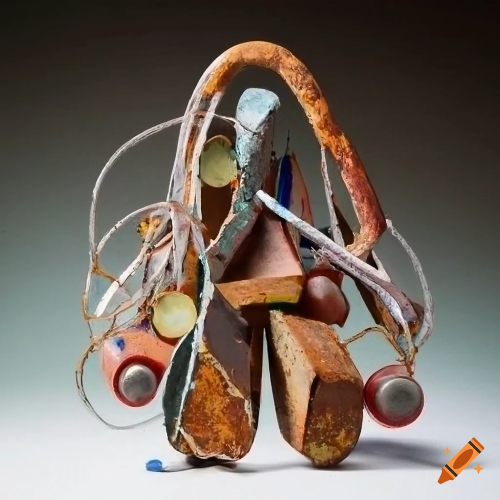 Mixed media sculpture made of wood, metal, glass, and paper on Craiyon