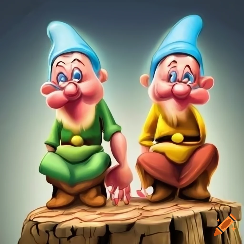 Funny cartoon dwarfs sitting on a tree stump on Craiyon