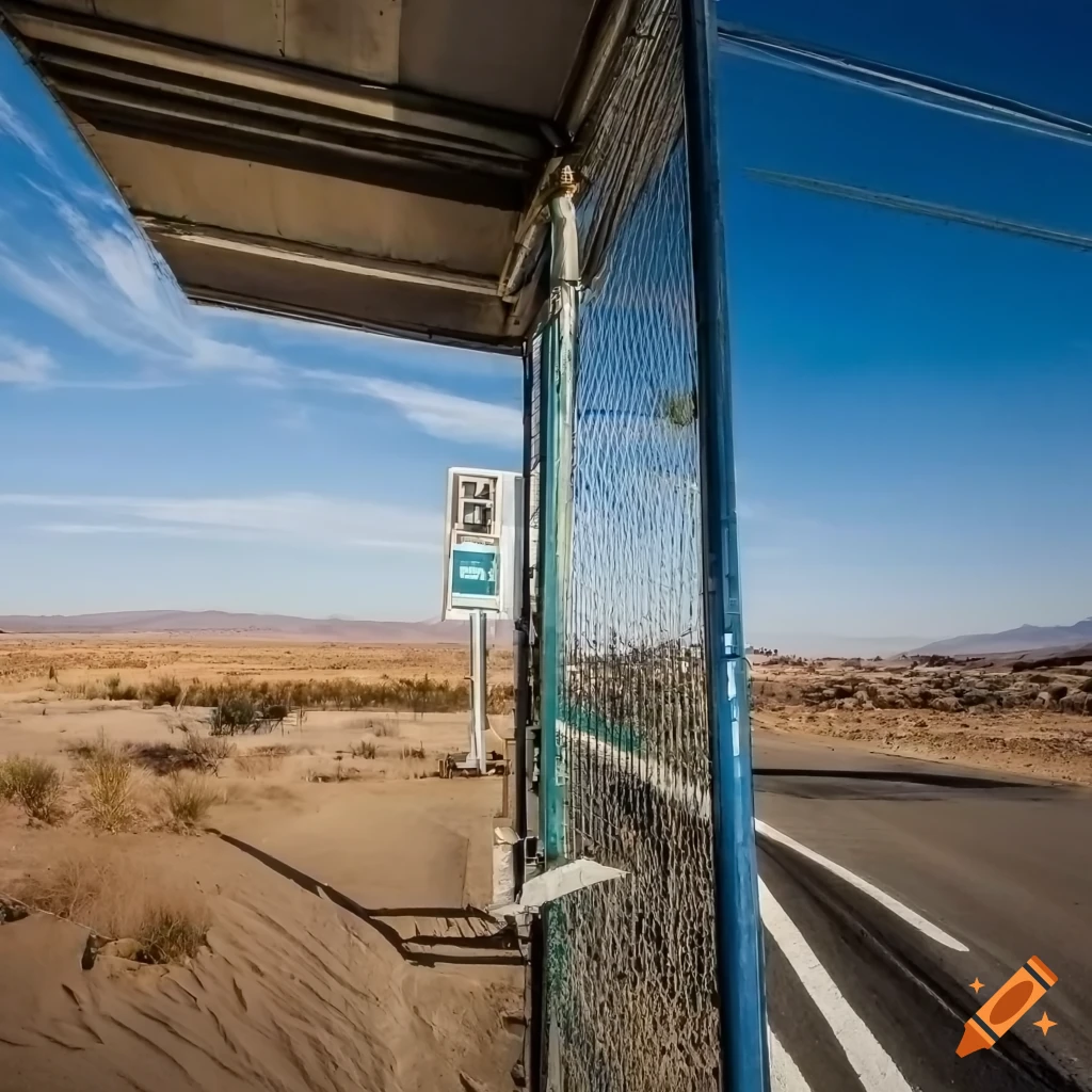 Wide-angle shot of a bus stop in the desert
