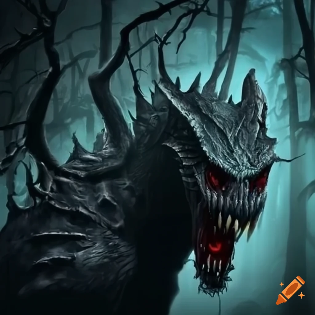 Image of a scary ghost dragon in a dark forest