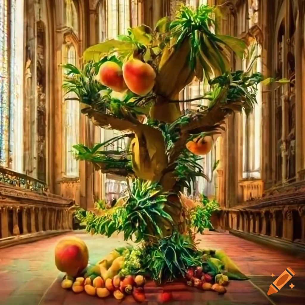 Fruit-bearing trees inside a cathedral on Craiyon