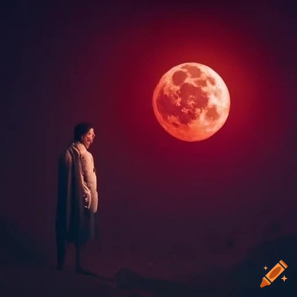 Artistic depiction of a man on a red moon