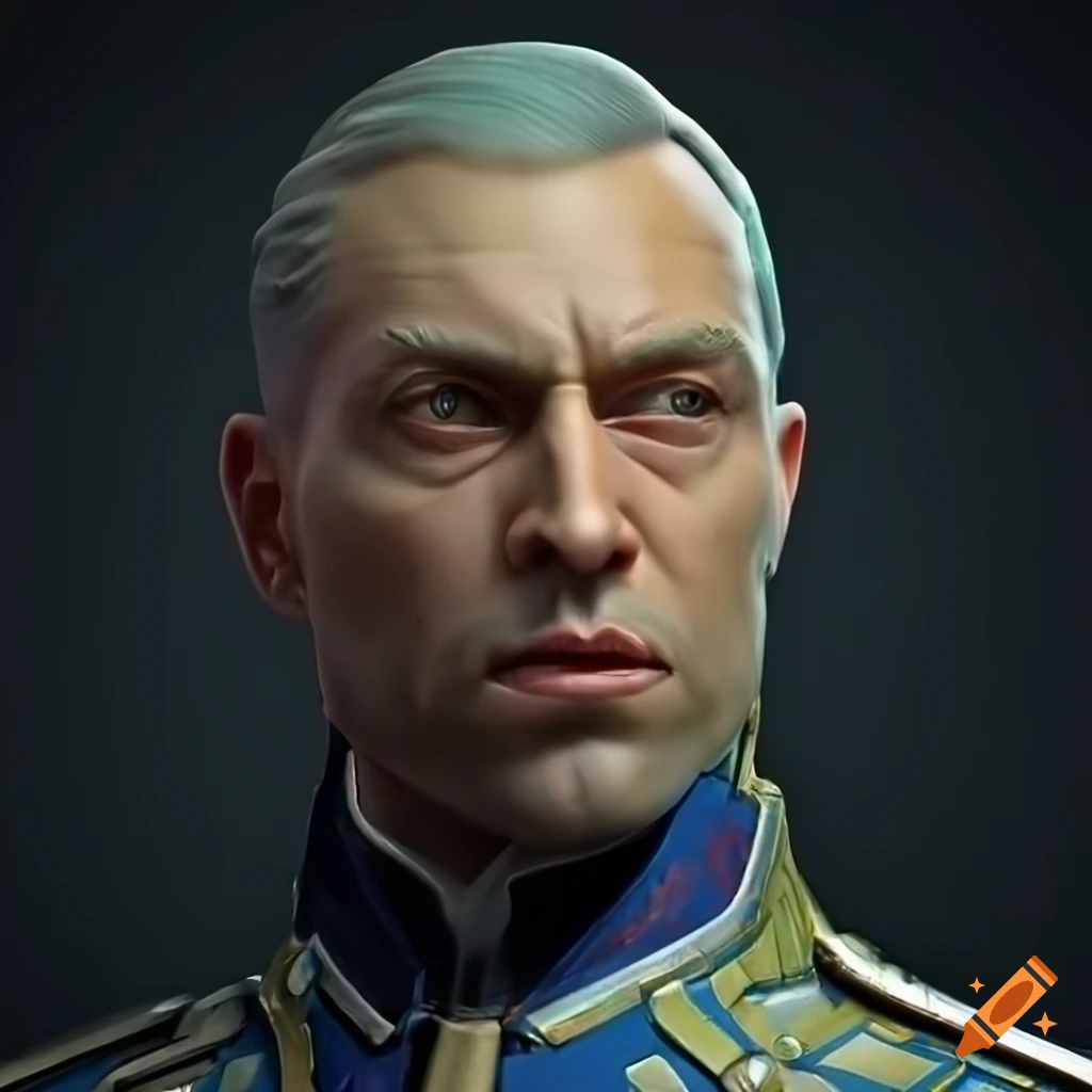 Sculpted portrait of a male soldier in futuristic military uniform on Craiyon