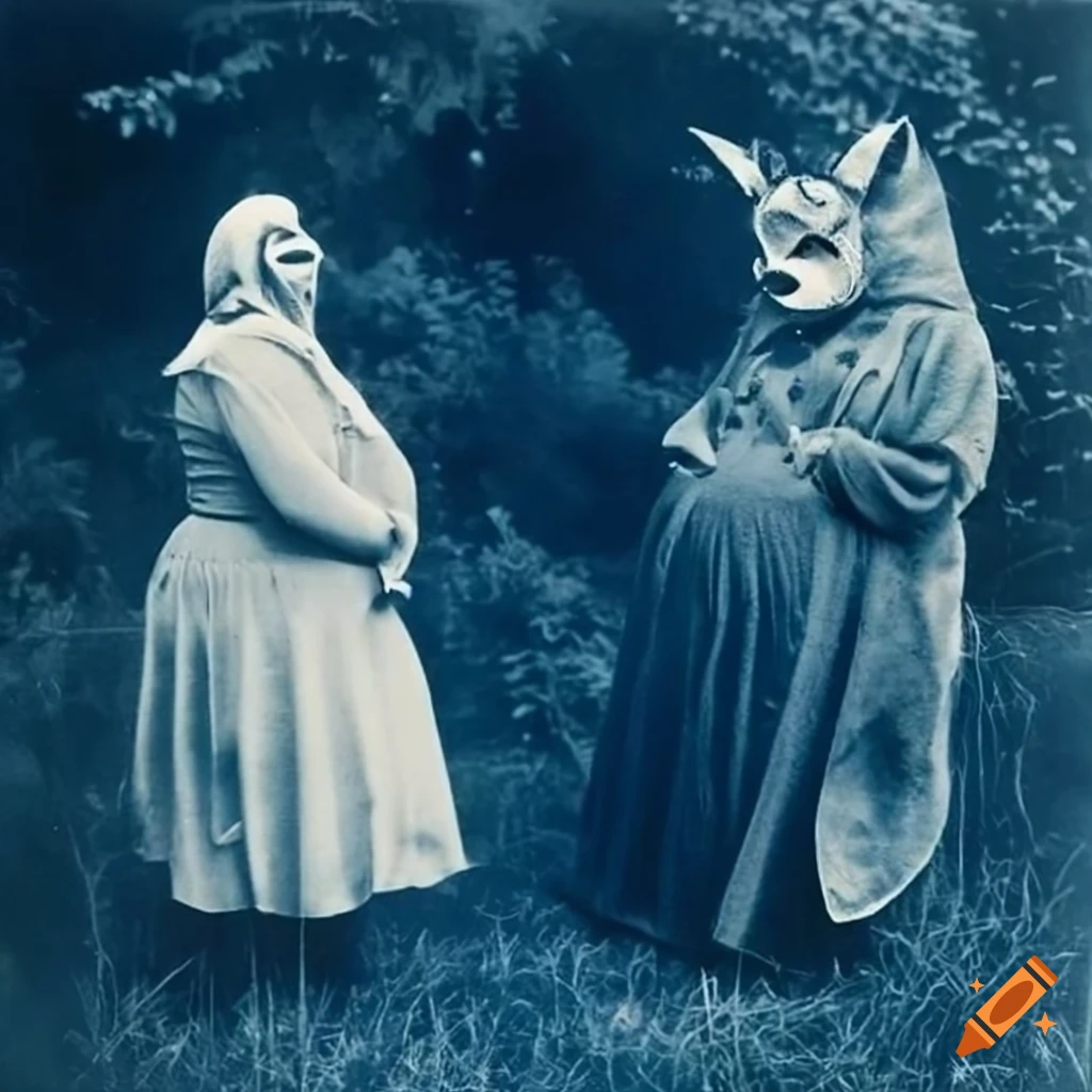 Cyanotype of cult members wearing animal masks parading