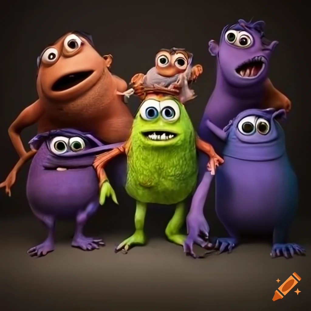 Playful monsters posing in a pixar-style photo on Craiyon