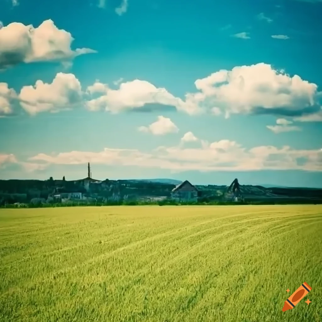 Medieval village seen from an empty field
