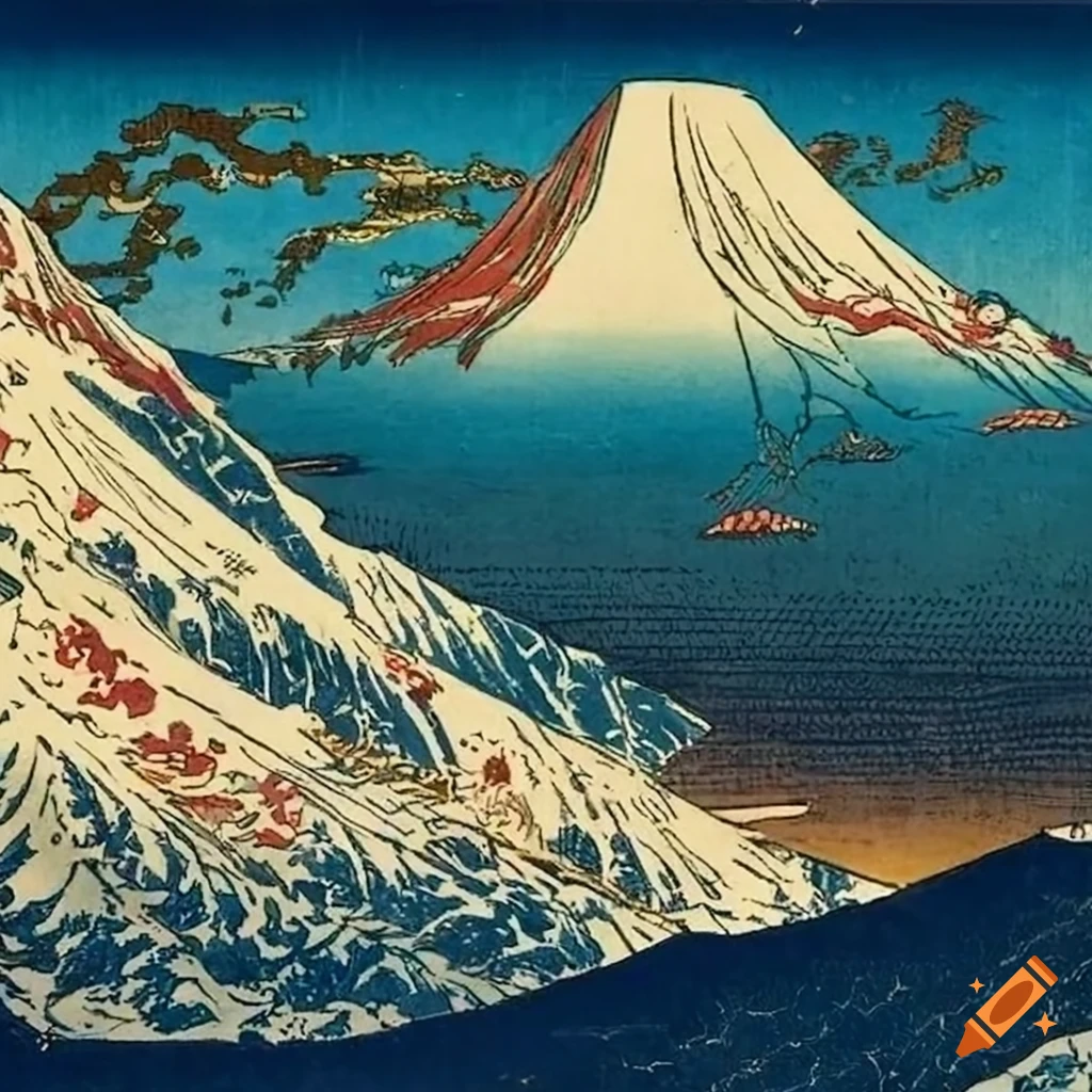 Ukiyo-e artwork of Anibal's journey through the Alps on Craiyon