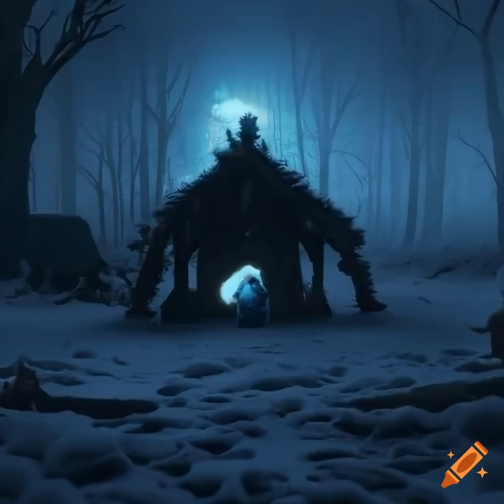 Snowy scene of a manger with cinematic lighting