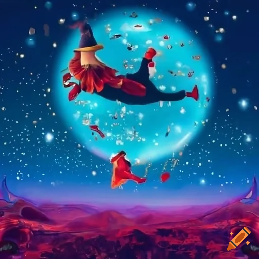 People on a flying rug going on a christmas trip