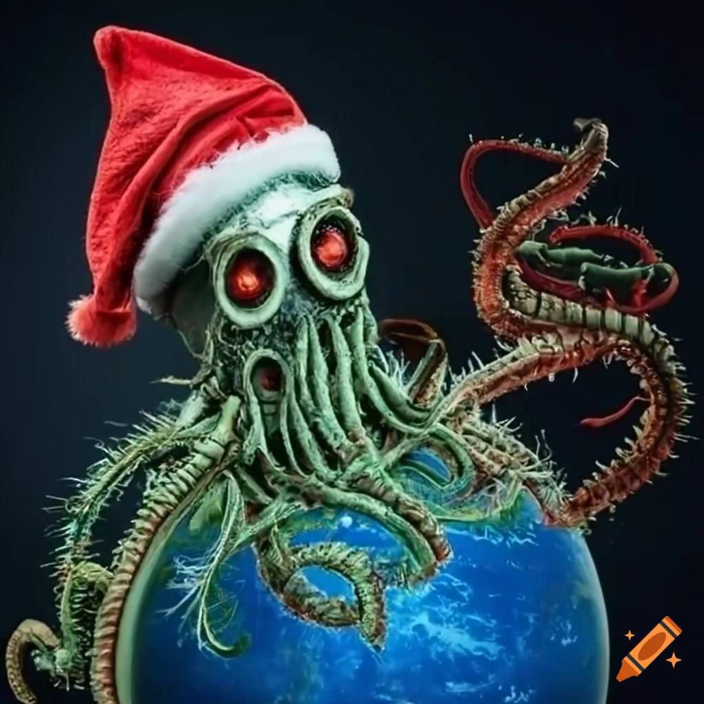 Santa robot-cthulhu wreaking havoc on earth on Craiyon