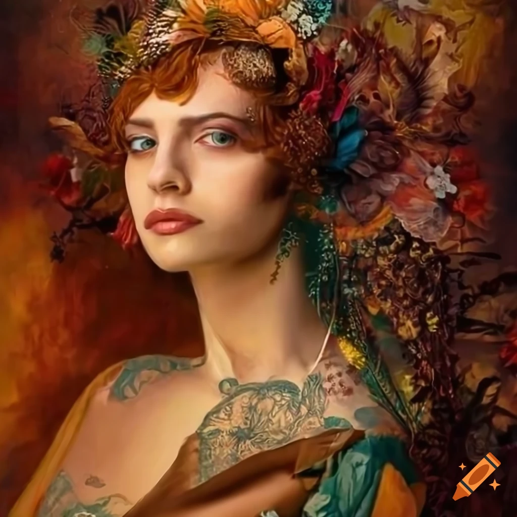 Artistic portrait of a young woman with boho-style backdrop on Craiyon