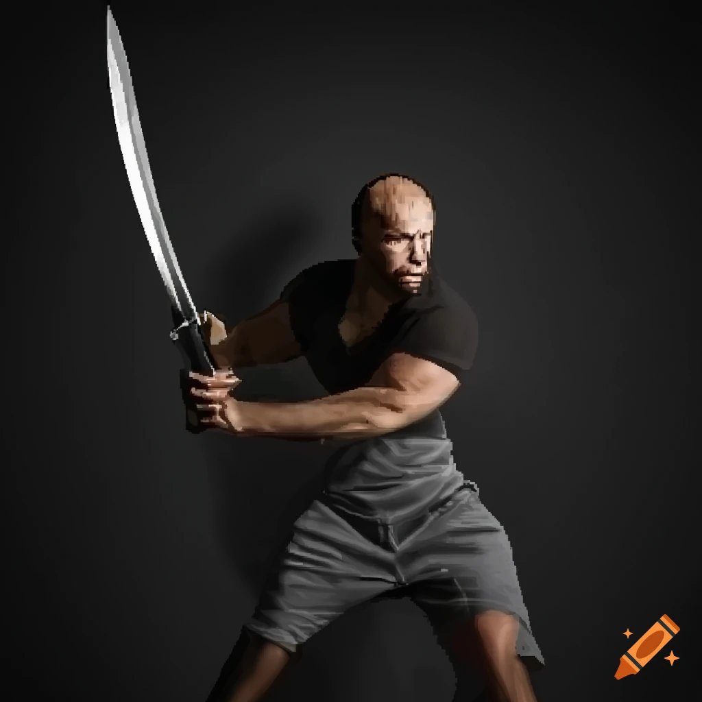 Pixel art of a fit man attacking with a sword