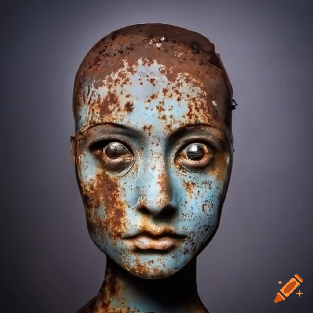 Rusty metal android head with human eyes on Craiyon
