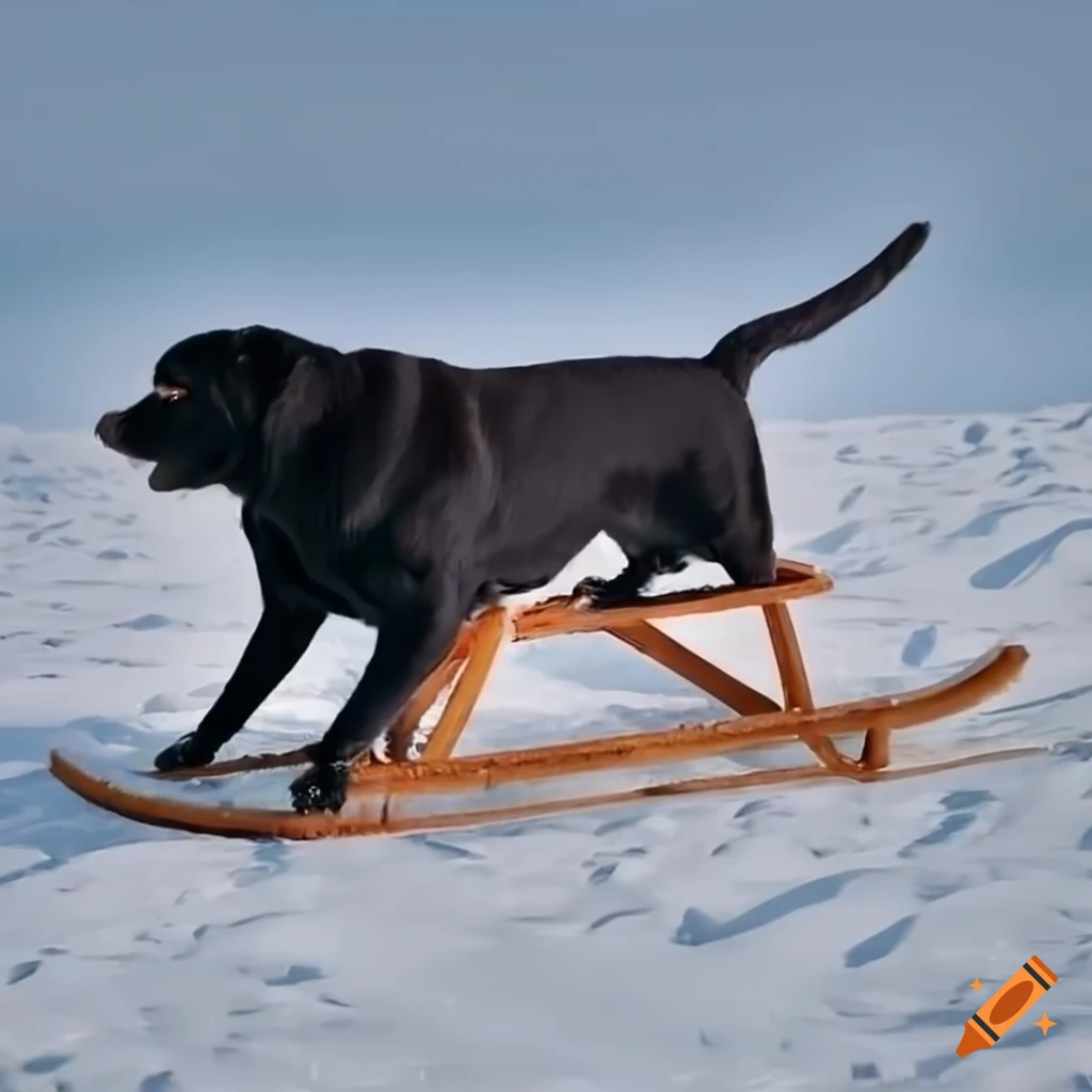 Black labrador on sledge in snowy hill on Craiyon