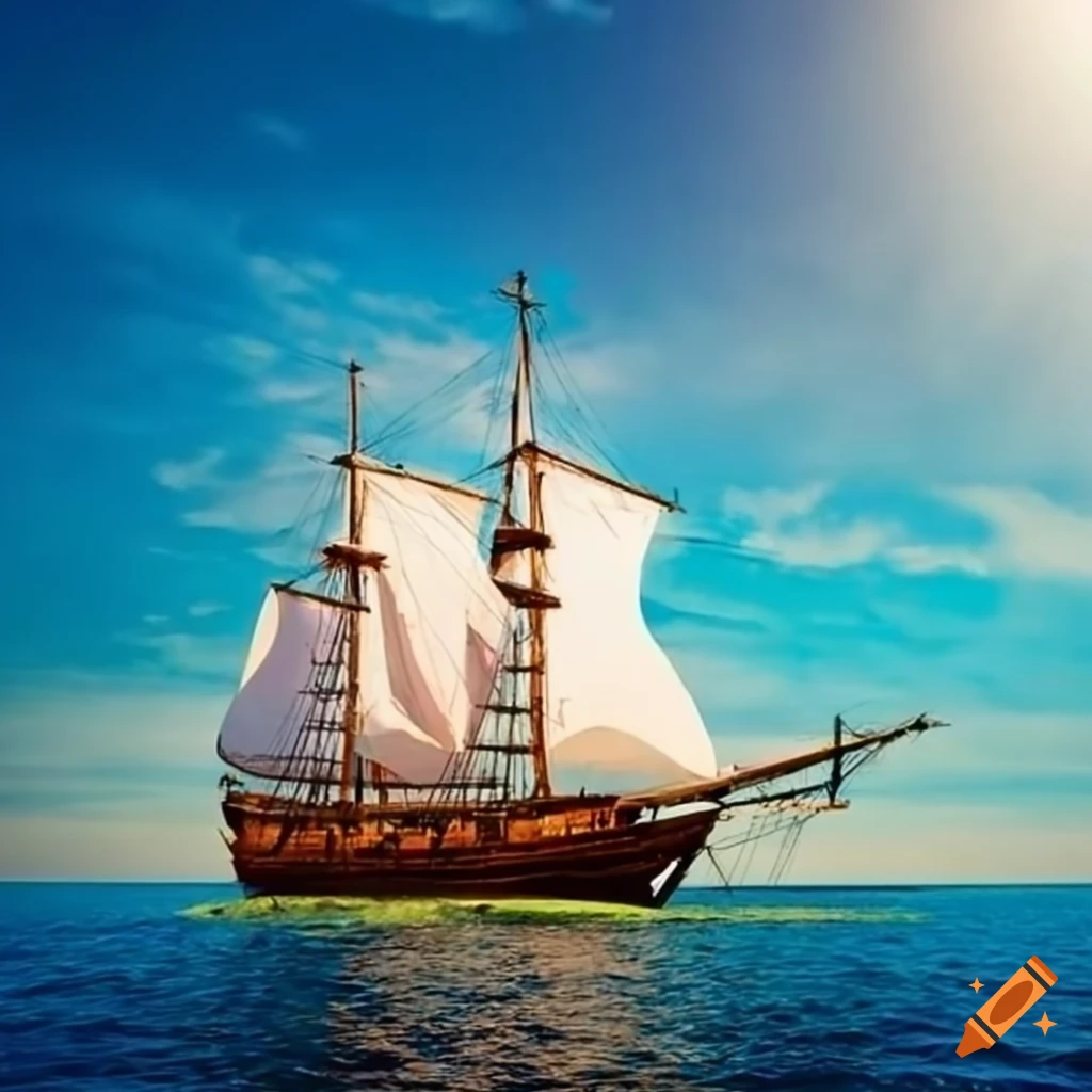 Sunny beach with a pirate ship sailing in the distance