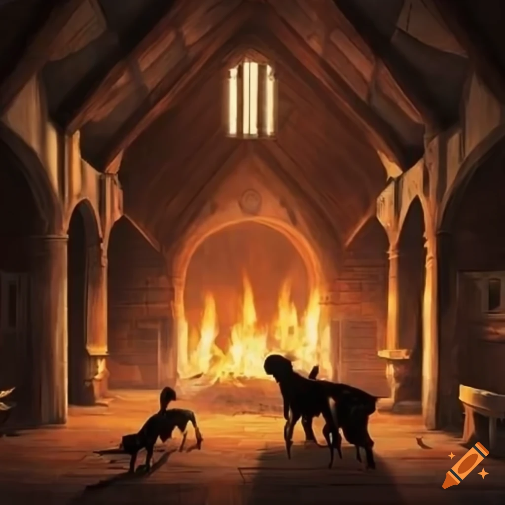 Medieval dining hall with hunting dogs by the fire