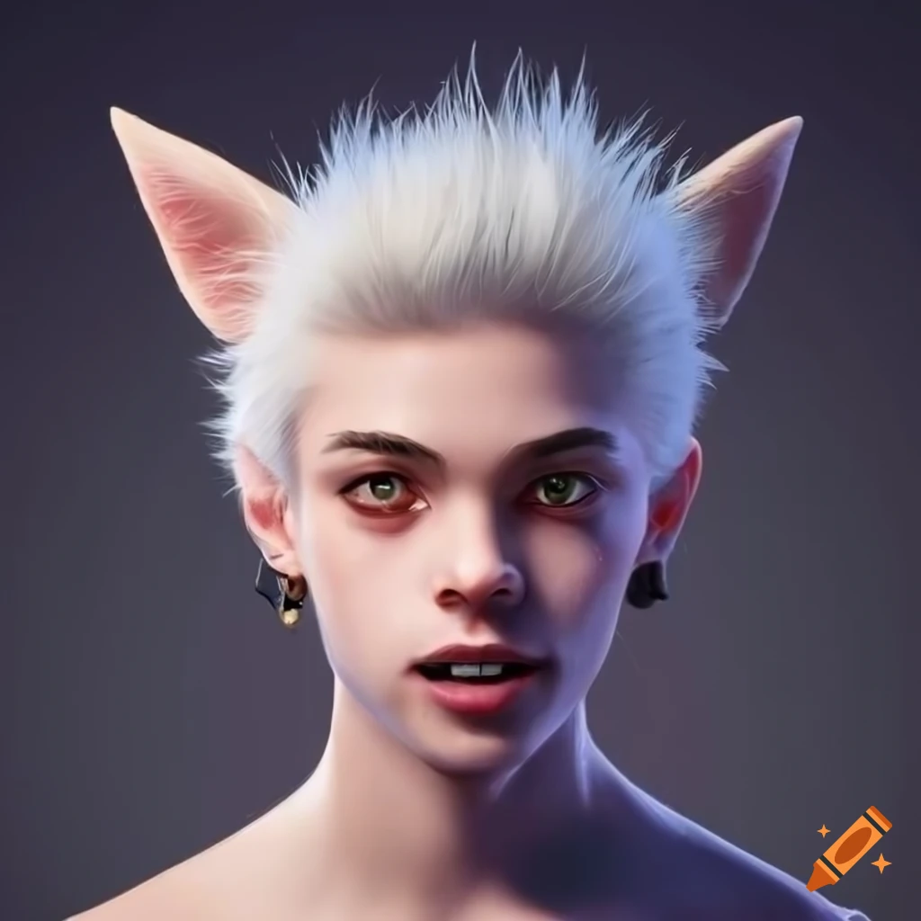 Young male with white fluffy hair and sharp teeth