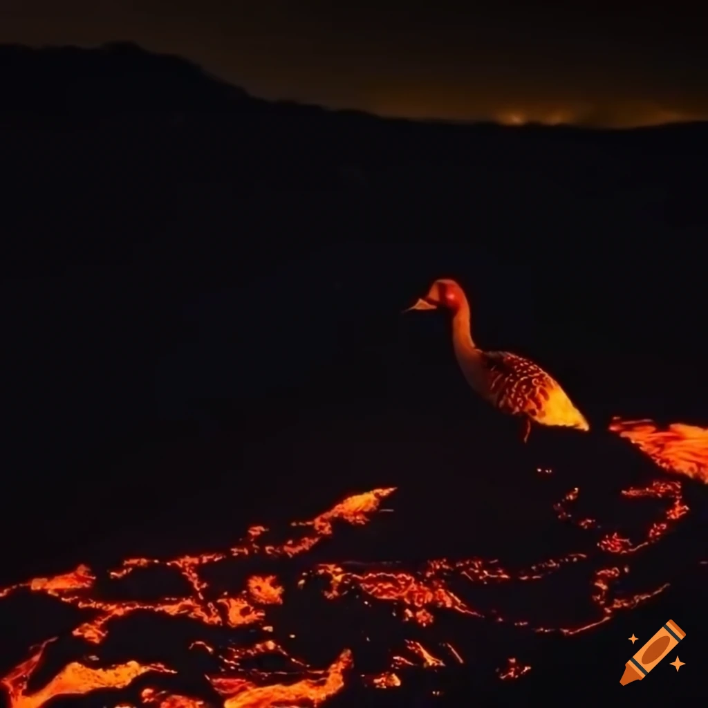 Goose silhouetted against lava at night