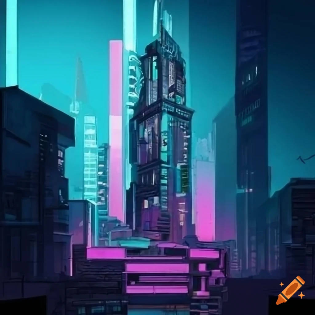 Cyberpunk architectural drawing of a skyscraper
