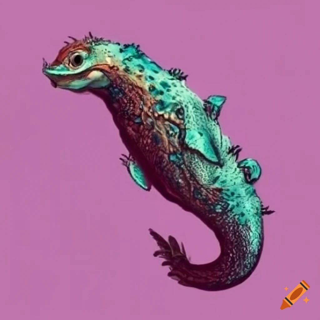 Etching of a sea cucumber-lizard hybrid merman