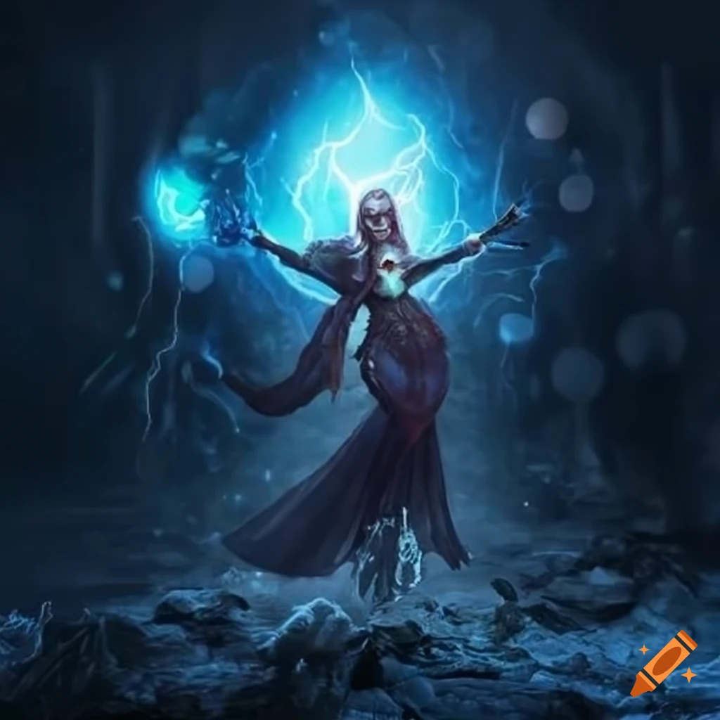 Sorceress in a blizzard casting lightning spells on Craiyon