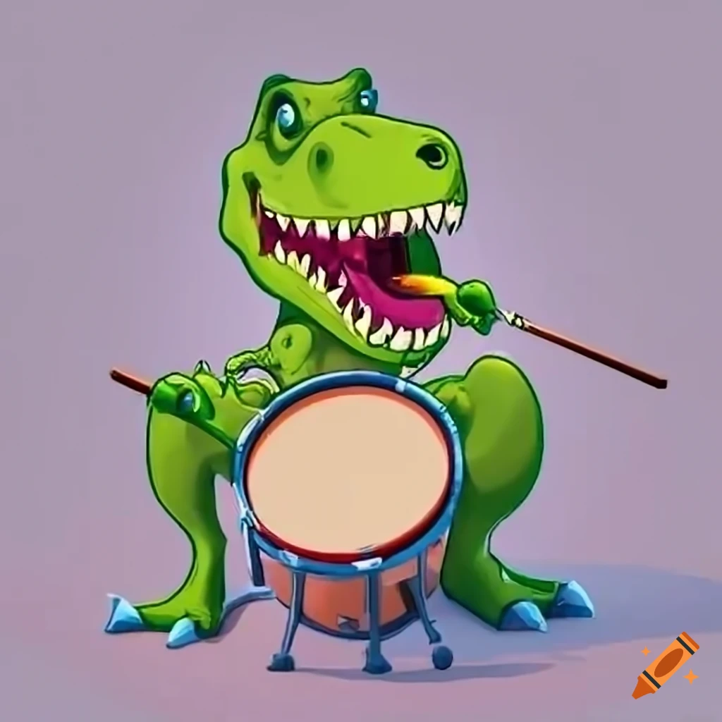 Cartoon t-rex playing a drumset