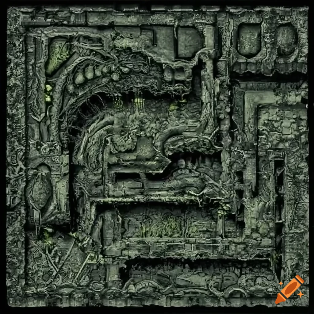 2D game artwork of a dripping and overgrown alien ruin on Craiyon