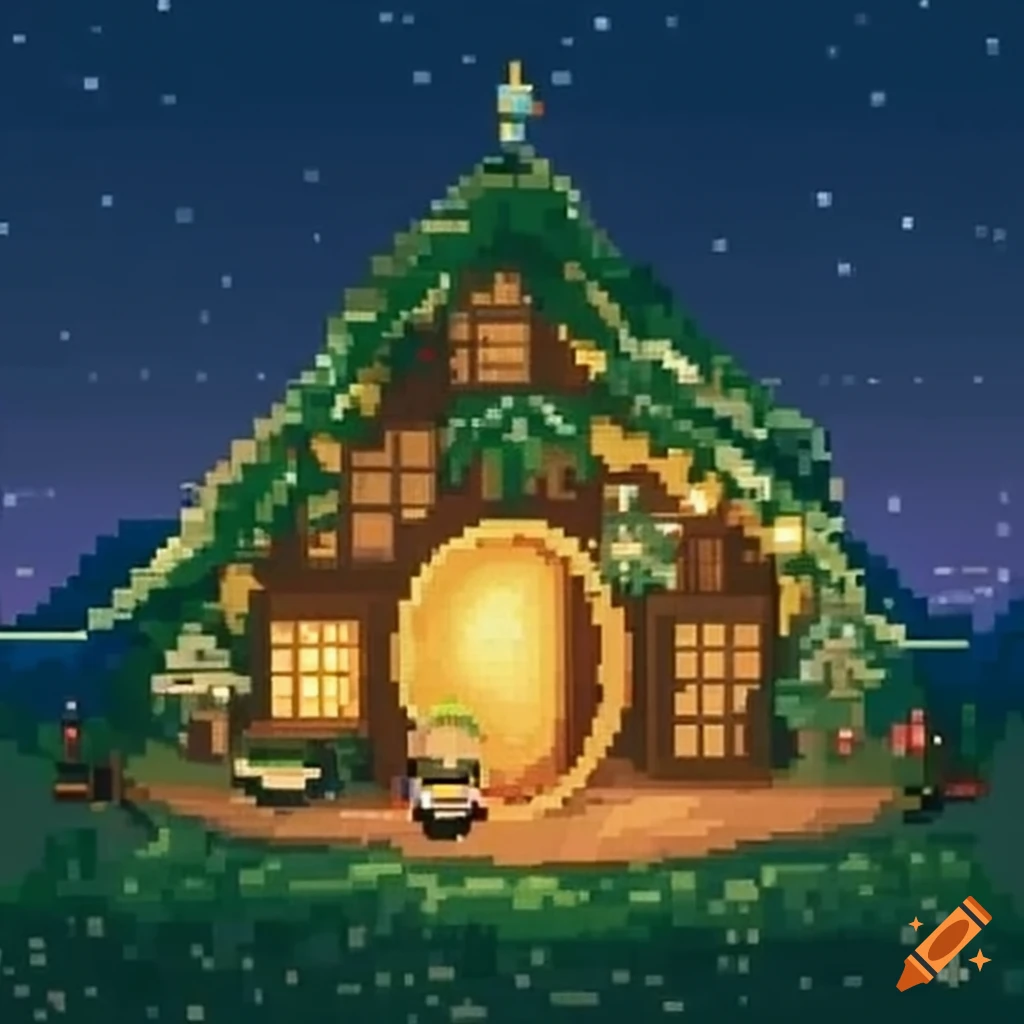 Pixel art of a festive hobbit house with Christmas lights on Craiyon