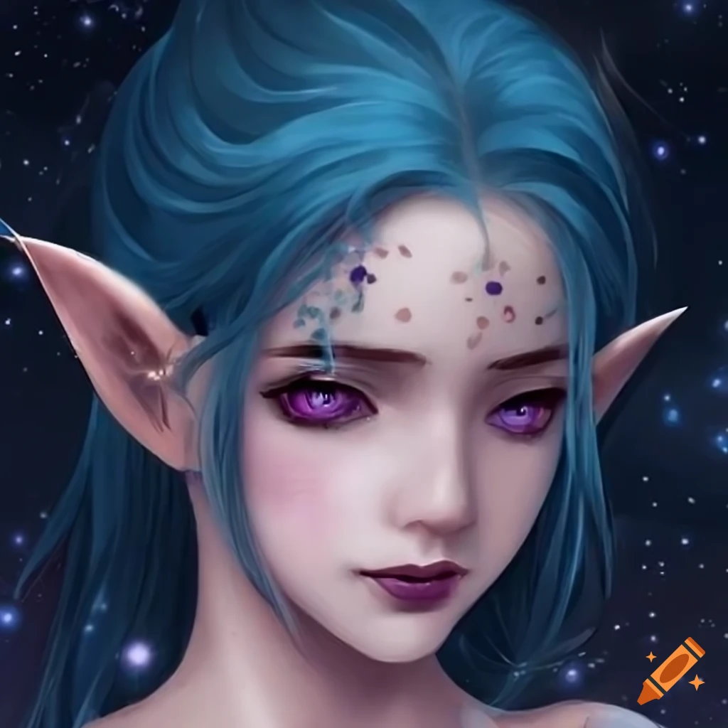 Anime Elf woman with blue hair flying in a starry sky on Craiyon