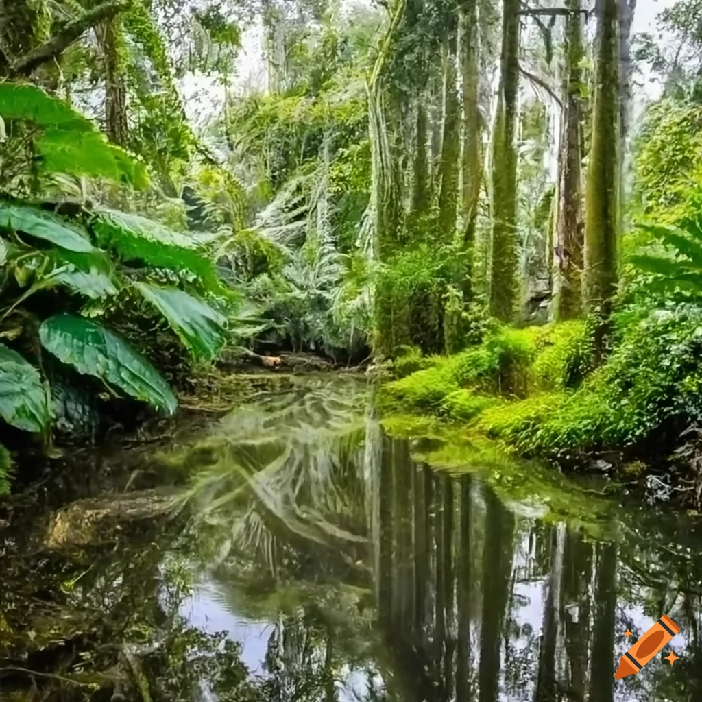 Photograph of a snowy jungle with water reflections
