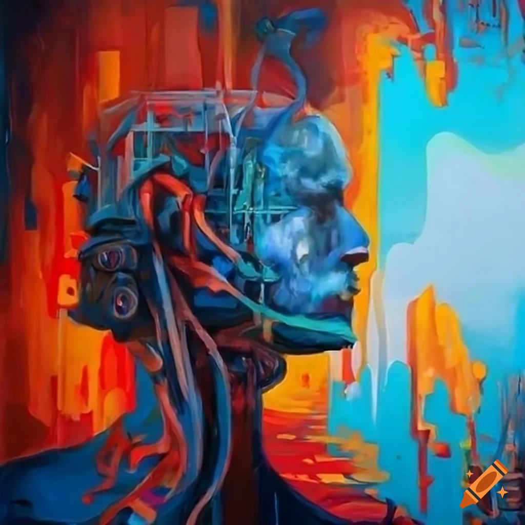 Surreal canvas painting of a man trapped in a machine