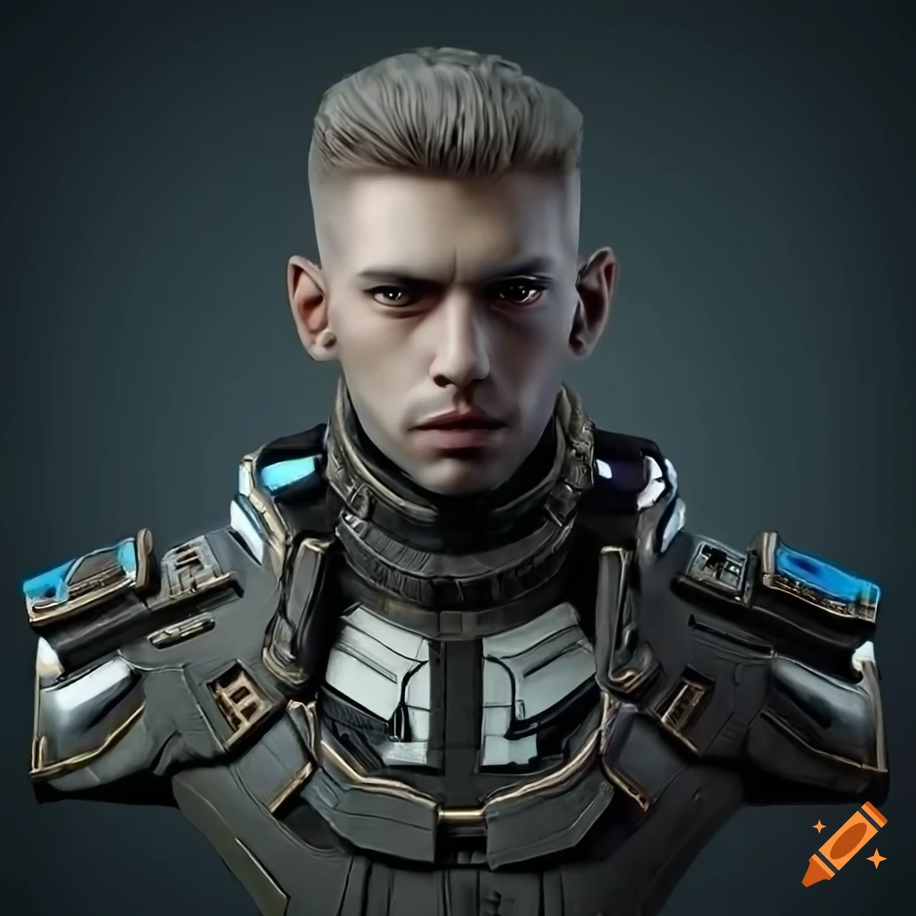 Sculpted portrait of a male soldier in futuristic military uniform on Craiyon