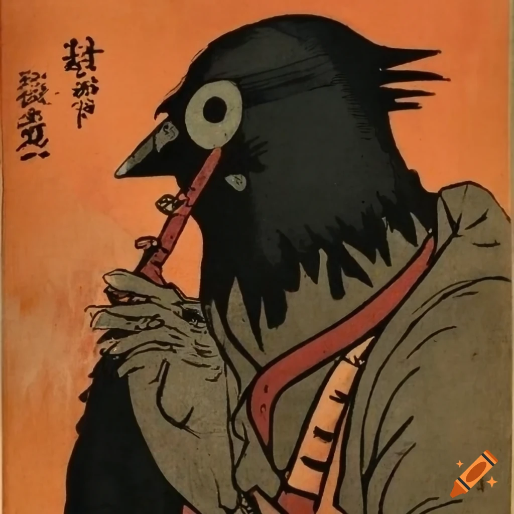 Japanese woodblock print of a crow smoking a pipe